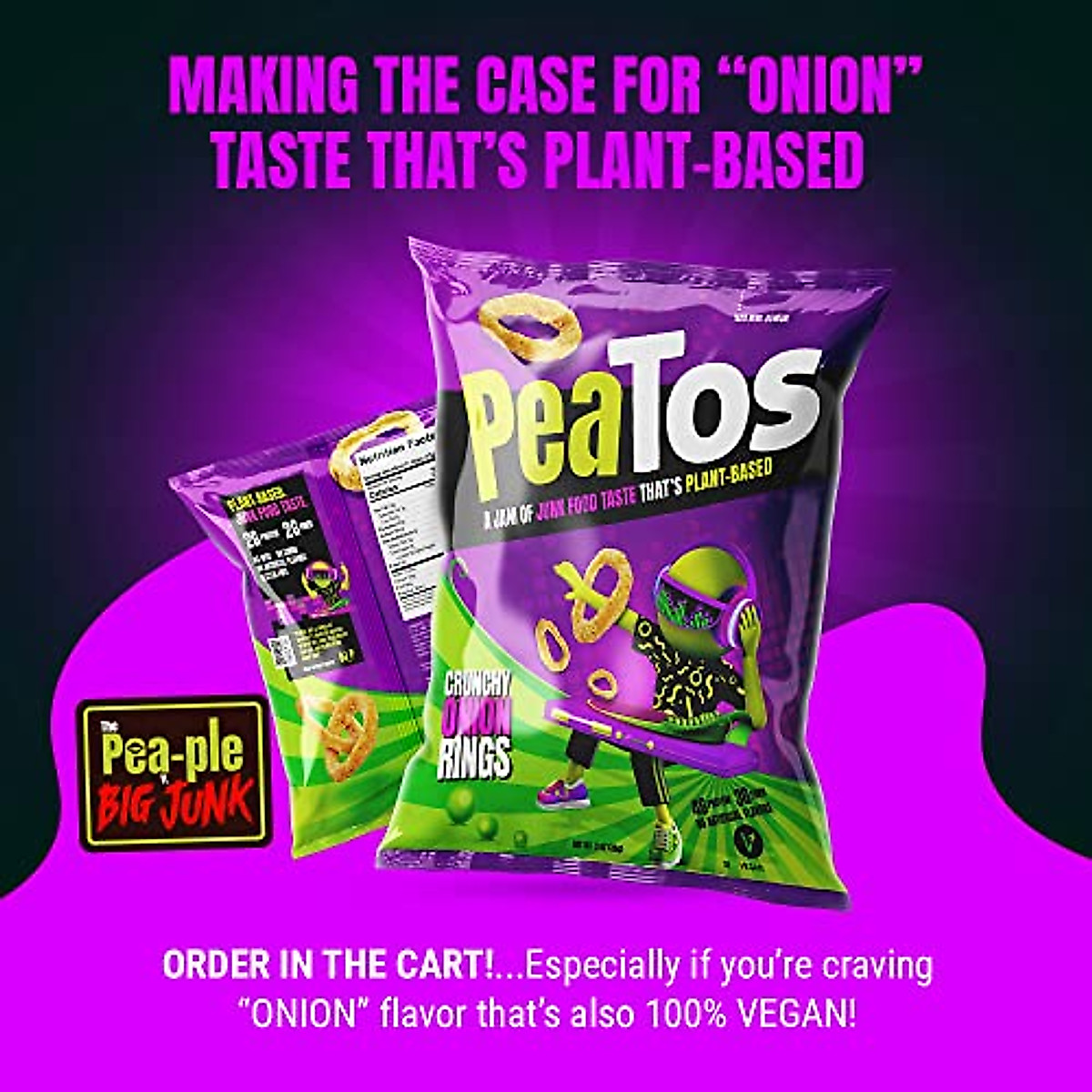 PeaTos® - the Craveworthy upgrade to America's favorite snacks - PeaTos Crunchy Onion Rings in Snack Sized 0.6 oz. Bags (15 pack) full of “JUNK FOOD” flavor and fun WITHOUT THE JUNK. PeaTos are Pea-Based, Plant-Based, Vegan, Gluten-Free, and Non-GMO.