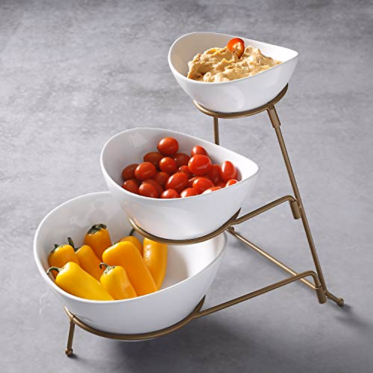 Gibson 3 Tiered Oval Chip And Dip Set With Metal Rack, Three Tier Dessert And Snack Server (Gold)
