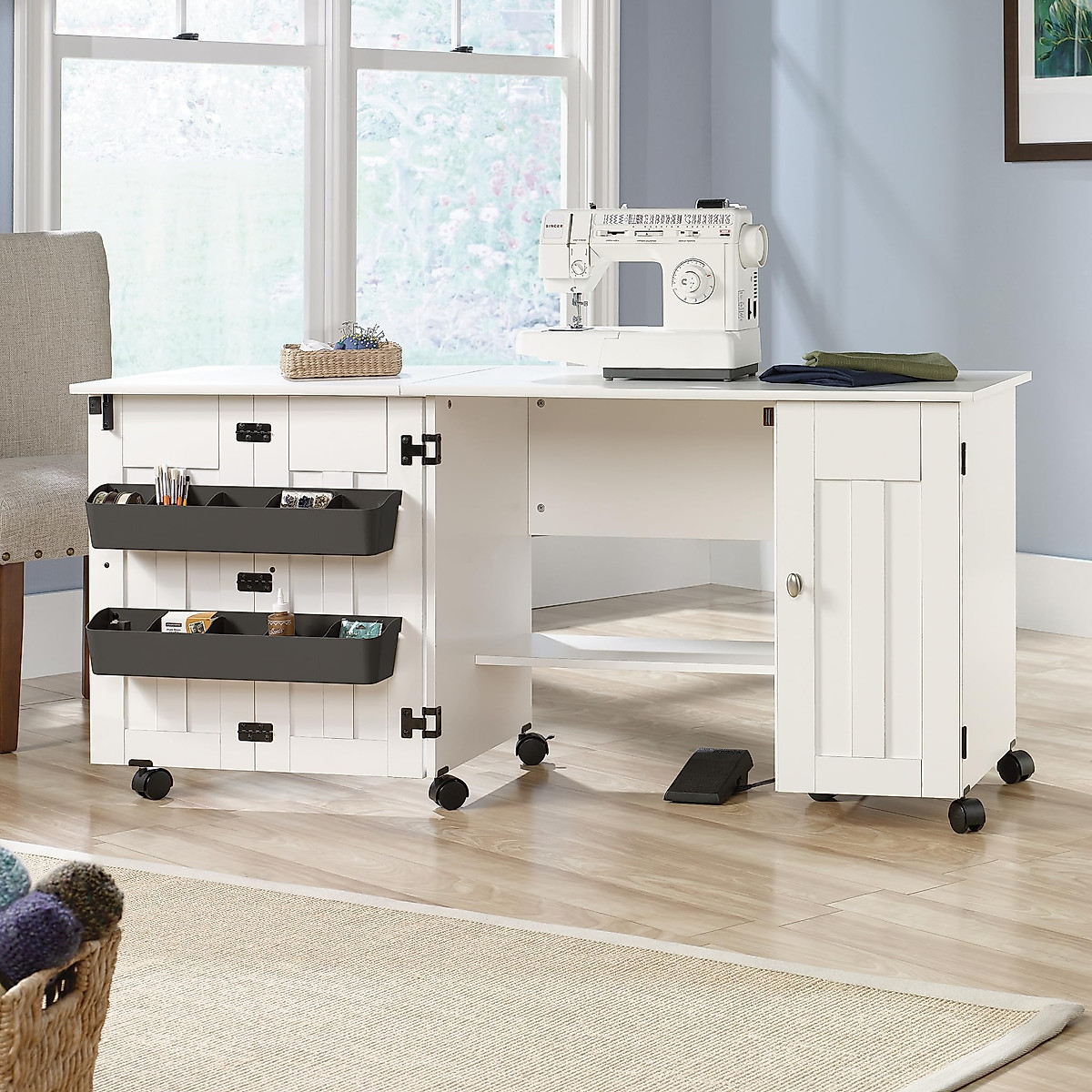 Sauder Folding SewingTable & Craft Cart Storage Cabinet, in Soft White