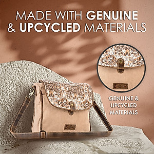 SIXTEASE Crossbody Bag for Women Vintage Style Genuine Leather, Upcycled Canvas, Rug, or Hair On - Cross Body Womens Bags with Inside Zipper Pockets - Tuscan