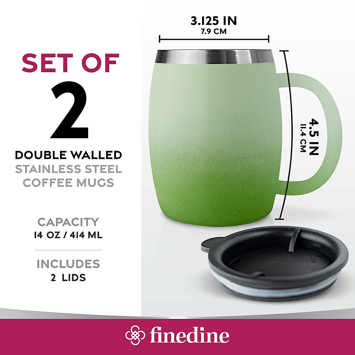FineDine Double-Wall Stainless Steel, Drinking Cup, Coffee Mugs with Spill-Resistant Lids, Comfortable Handle for Hot & Cold Drinks, Shatterproof Coffee Cups, 14 Ounces