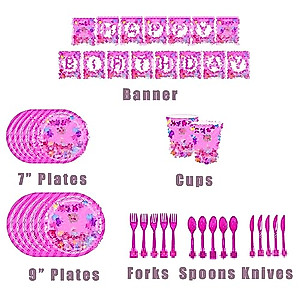 Pink Cartoon Party Decorations, Pink Cartoon Party Supplies Pack Flatware, Banner, Plates, Cups, Napkins, Cake Topper, Tablecloth, Balloons Birthday Party Favor Pack Set for Boy and Girl