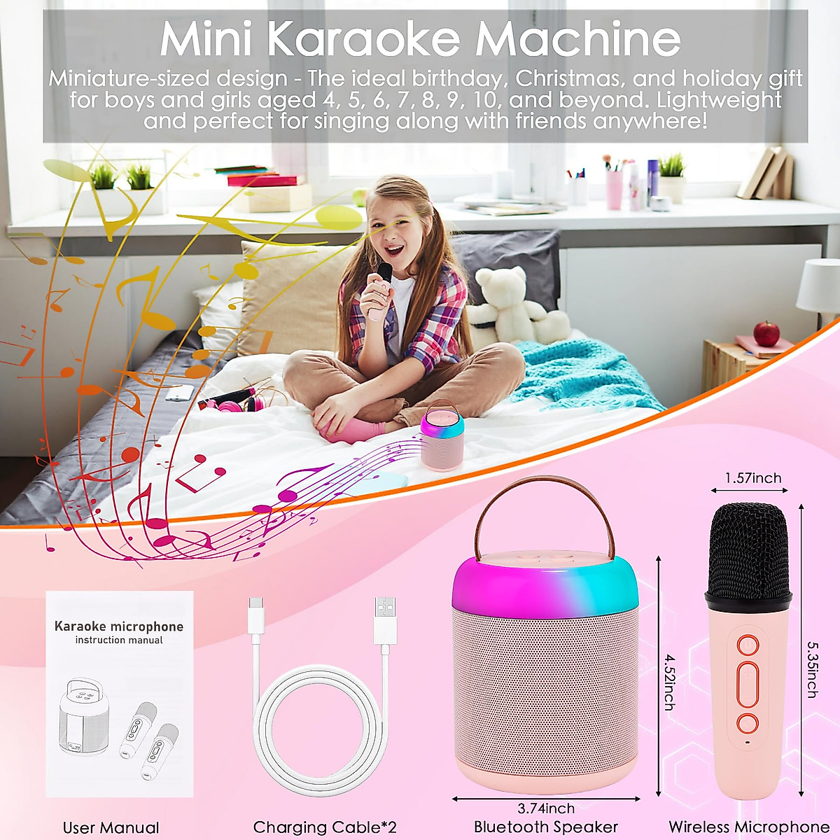 Kids Karaoke Machine, Portable Bluetooth Speaker with Wireless Microphone, Christmas Stocking Stuffers Birthday Gifts for Kids, Toys Gifts for 3, 4, 5, 6, 7, 8, 9, 10, 11, 12+ Year Old Girls and Boys