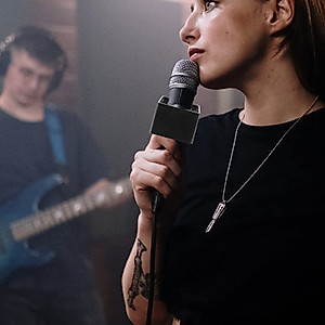 Lurrose Custom Signs Square Cube Shaped Microphone Flag Station Interview KTV Mic Portable Microphone Logo Flag Station (Black) Desktop Mic Stand