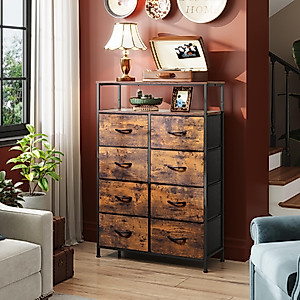WLIVE Fabric Dresser for Bedroom with Open Shelves, Tall Dresser with 8 Drawers, Storage Tower with Fabric Bins, Chest of Drawers for Closet, Hallway, Rustic Brown Wood Grain Print