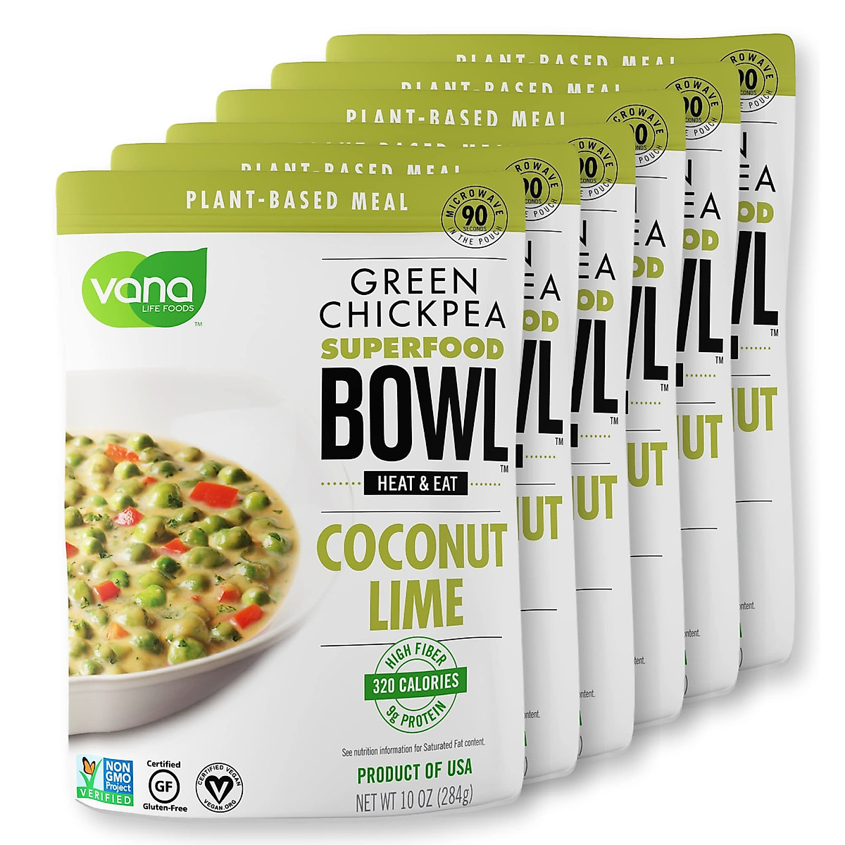 Vana Life's Foods Plant based Ready Meal - Green Chickpea Superfood Bowl Heat and Eat Microwaved Cooked Bowl | Product of the USA (Coconut & Lime, 6-Pack)