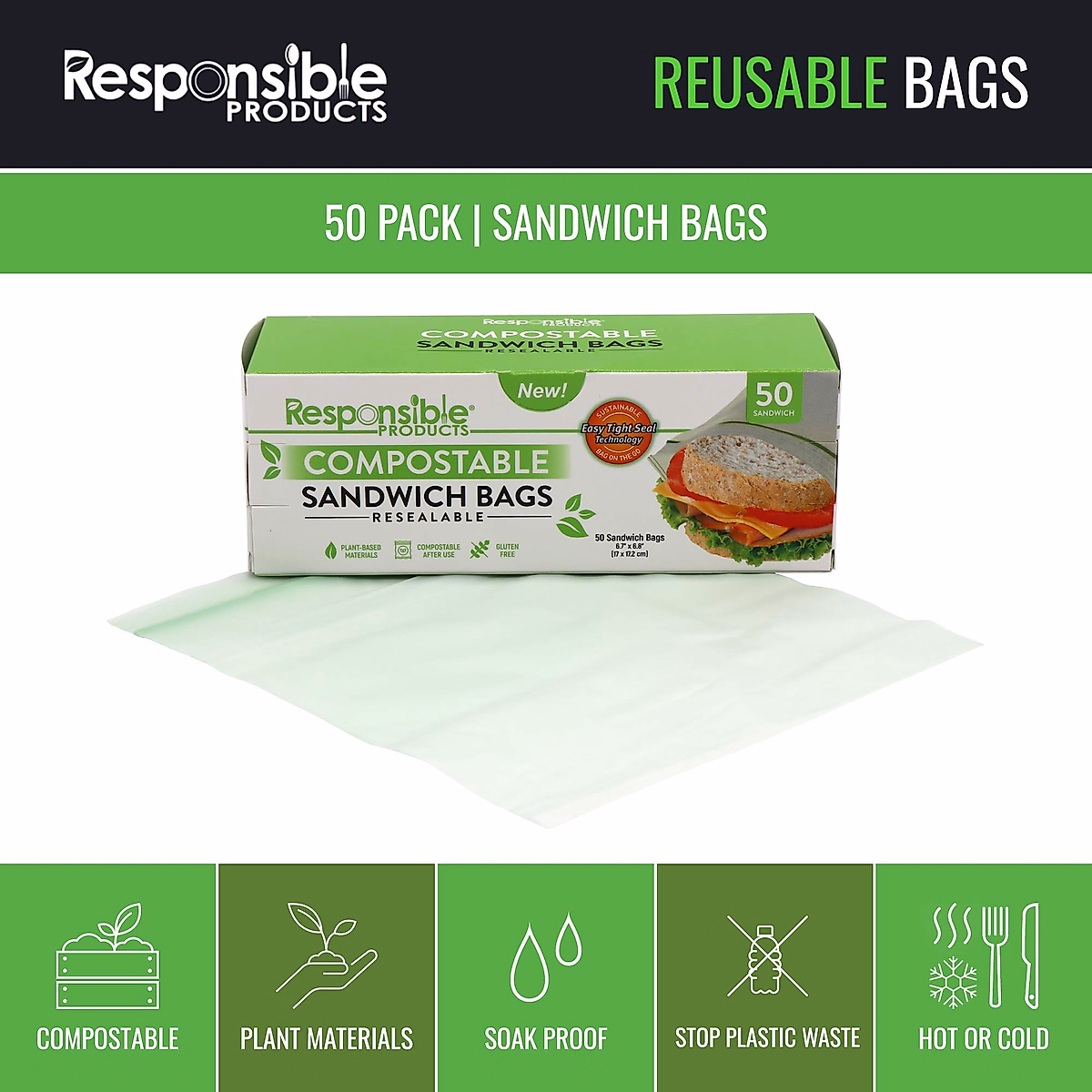 Responsible Products Certified Compostable SANDWICH Resealable Zip Bag, Extra Strength Food Bags, Plant-Based Freezer-Safe (50 Pack)