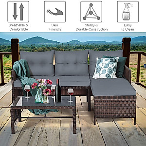 COSTWAY 3PCS Patio Wicker Rattan Sofa Set Outdoor Sectional Conversation Set Lawn Garden Gery