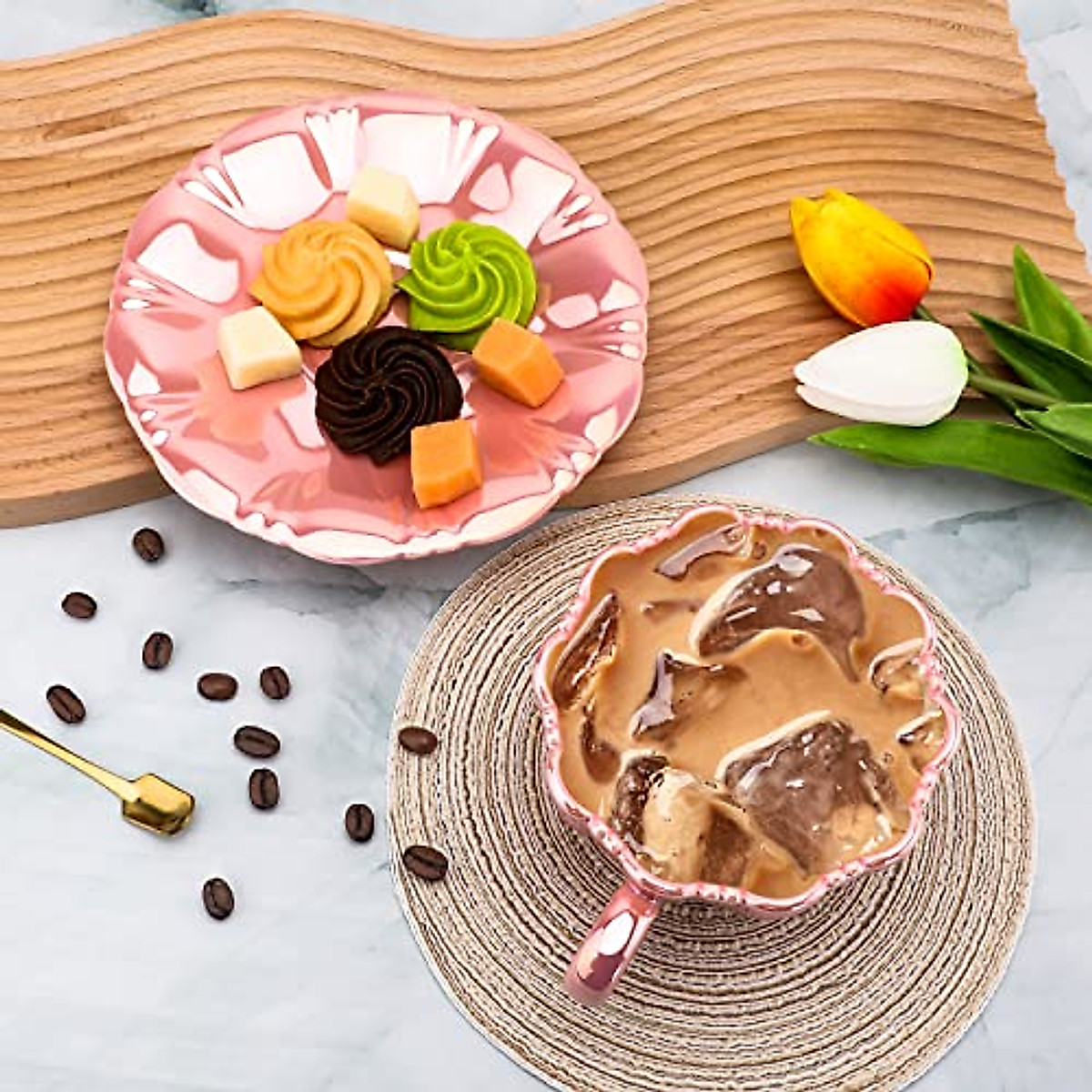 VCXOX Creative Cute Ceramic Coffee Mug with Flower Shape Saucer & Spoon Sets, Novelty Coffee Cup with Comfortable Grip for Office and Home, 8.1 oz/240 ML for Tea Latte Milk Cup (pink)