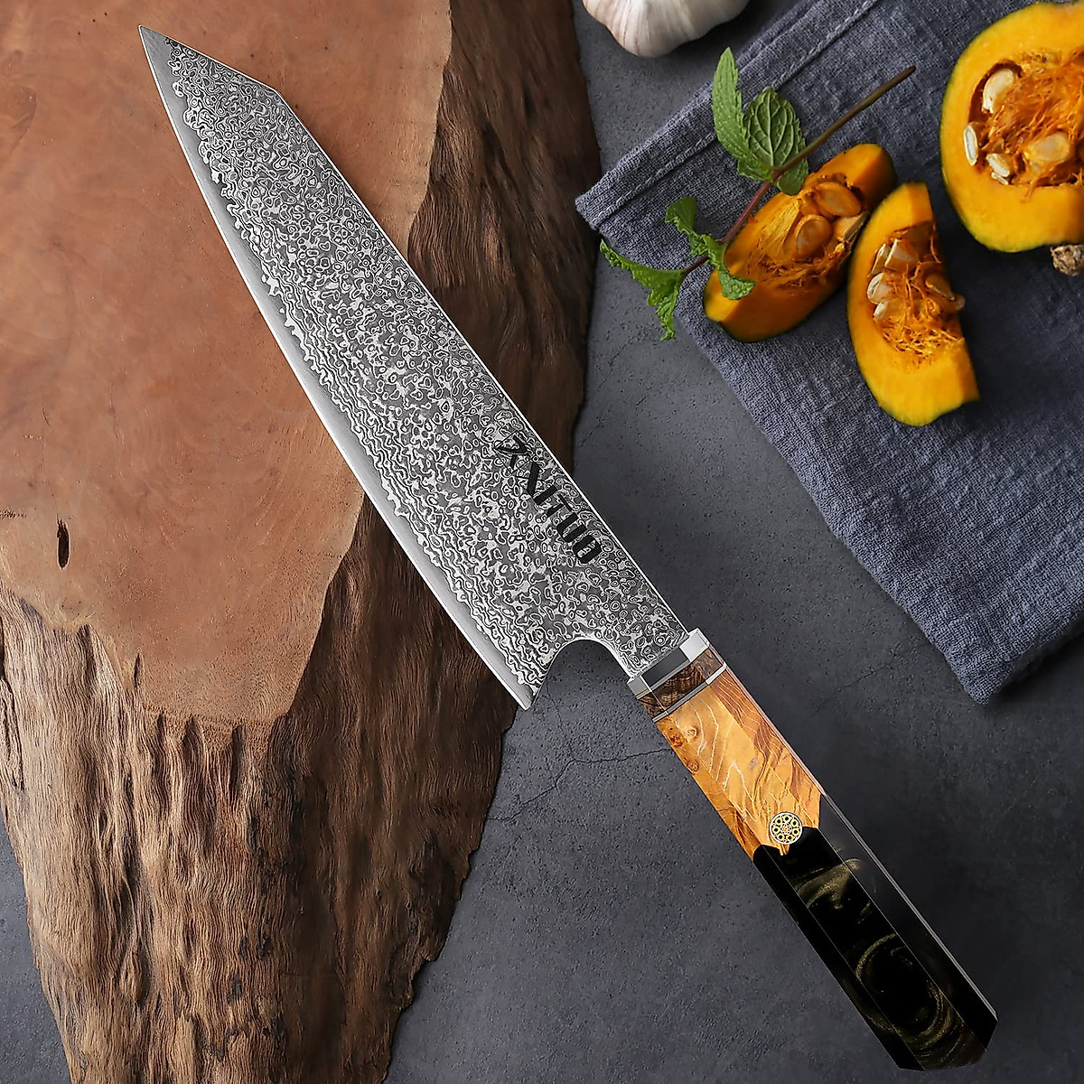 XT XITUO Kiritsuke Chef Knife,8 inch kitchen Knives Japanese VG10 Steel Damascus Kitchen Meat Sushi Cutting Cleaver Knife w/octagon Black Resin handle Gift Box… (Black-8'' Kiritsuke Knife)