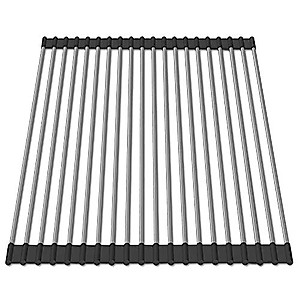 CANWELL 17"x15" Roll Up Dish Drying Rack, Premium 304 Stainless Steel Over Sink Kitchen Drainer Rack with Silicone Rims, Black