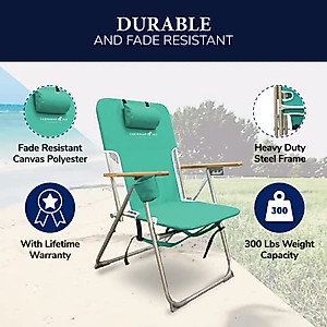 Caribbean Joe Folding Beach Chair, 4 Position Portable Backpack Foldable Camping Chair with Headrest, Cup Holder, and Wooden Armrests, Teal