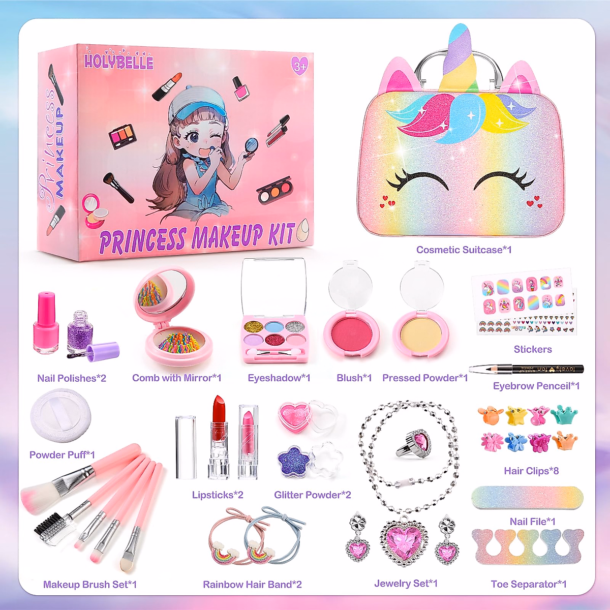 HOLYBELLE Kids Pretend Play Makeup Kit for Girl Toys,Washable Girls Makeup Kit for Kids with Unicorn Bag,Make Up Kit for Toddler Princess Christmas Birthday Gifts for Girls Age 3 4 5 6 7 8 9 10 11 12