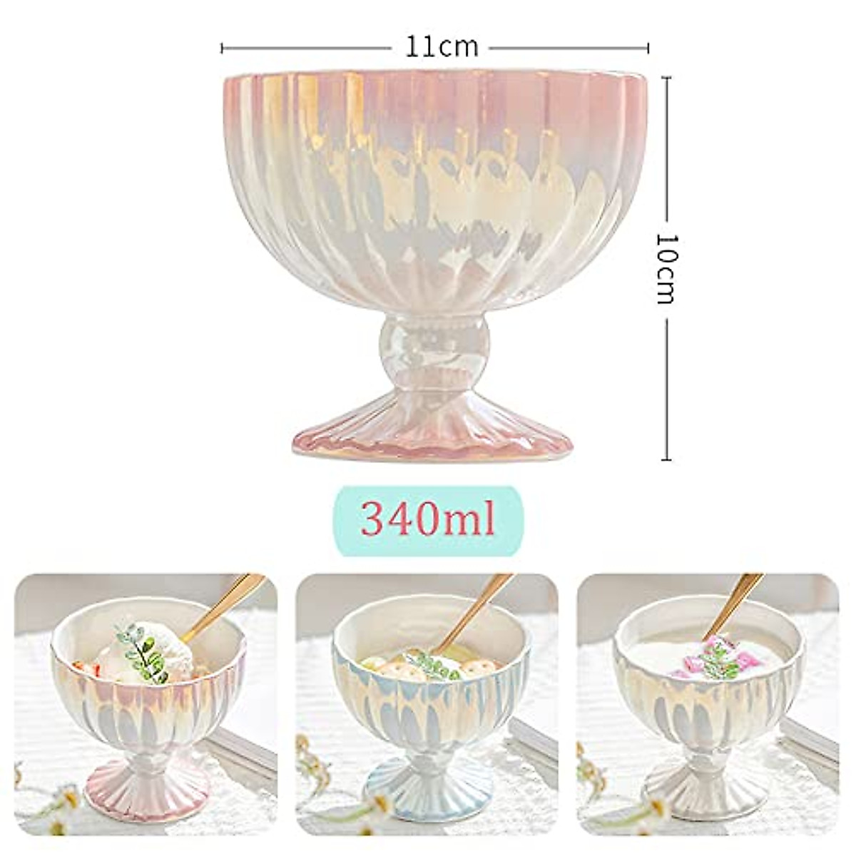 YOKIOU Ceramics Ice Cream Cups with Spoons Reusable Dessert Cups Bowls for Trifle Parfait Sundae and Nuts (Pink)