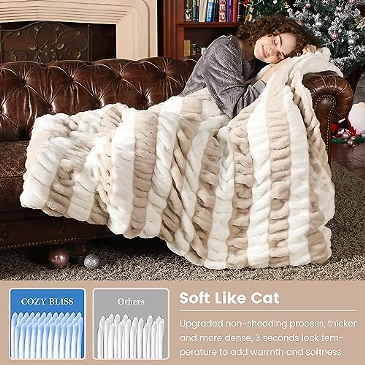 Cozy Bliss Luxury Soft Fuzzy Faux Fur Throw Blanket for Couch, Warm Milky Plush Striped Blanket for Sofa, Furry Thick Fluffy Cozy Shaggy Blanket for Women Living Room Bedroom, 50 * 70 Inches Beige
