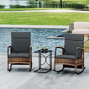 MAXXPRIME Outdoor Recliner Chairs, Adjustable Patio Recliner with C Shaped Glass Top Side Table, Wicker Reclining Lounge Chairs, Rocking Chairs with Removable Cushions for Pool,Deck(Dark Gray)