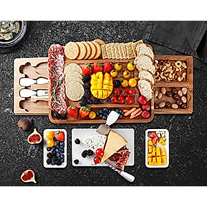 hecef Cheese Board Set Acacia Wood - Large Charcuterie Board with Stainless Steel Knife Set, Thick Wooden Server - Fancy House Warming Gift, Birthday Present & Perfect Choice for Gourmets