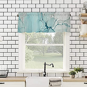Kitchen Valances for Windows, Marble Texture Abstract Teal Blue and White Gold Glitter Splatter Kitchen Curtains, Short Curtains Rod Pocket Small Window Curtains 54"x18" Bathroom Curtains Window