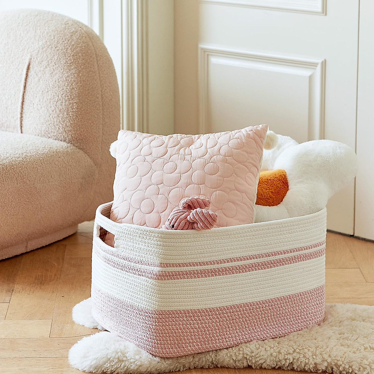 R RUNKA Large Rectangular Cotton Rope Storage Basket - 82L- Ideal for Toy Storage, Blankets, Laundry, Woven Organizer for Living Room, Bedroom - 22"x17"x12"（White & Pink）