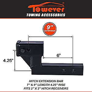 Towever 84122 Hitch Extender 2 Inch Receiver with 4" Drop/Rise, 9" Hitch Extension Riser with Solid Tube (GTW/TW 5000/500 LBS)