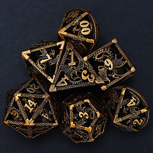 DND Dice Set 7 Pieces, JJDISO Hollow Metal D&D Polyhedral DND Dice for Dungeons and Dragons RPG Steampunk Dragons Role Playing Dice with Gift Box, Ancient Golden D4 D6 D8 D10 D12 D20 Dice Set