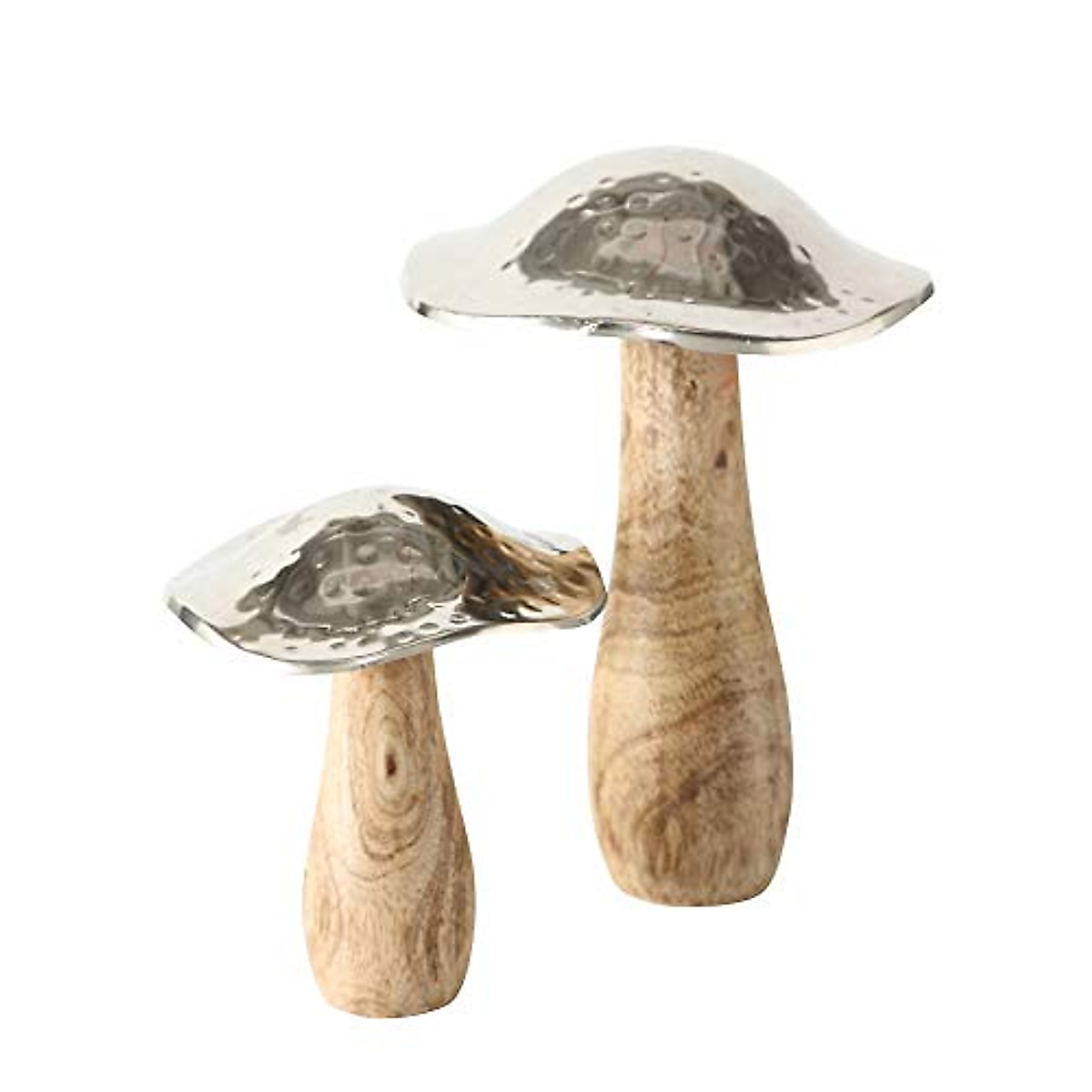 WHW Whole House Worlds Farmers Market Mushrooms, Set of 2, Decorative Kitchen Sculpture, Art, Mango Wood and Hammered Silver Metal, 8 1/4 and 5 1/2 Inches Tall