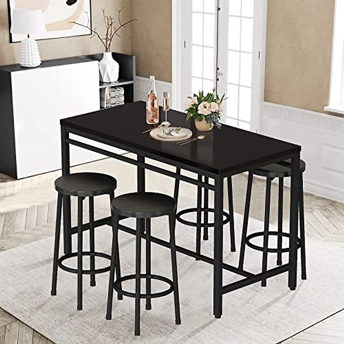 AWQM Counter Height Table with 4 Stools, 5-Piece Pub Table Set for Small Space Kitchen Breakfast Table, Bar Table and Chairs Set, Kitchen Dining Table Set, Space Saving Furniture (Black)
