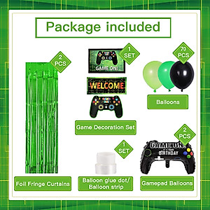 Garma Video Game Party Supplies, Gamer Birthday Decorations for Boys Including Green Black Balloons Garland Arch Kit Banner Hanging Sign Green Foil Fringe Curtains Gamepad Balloons