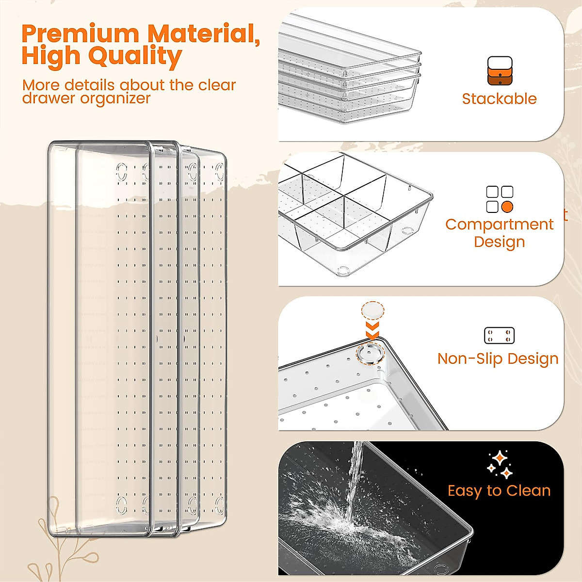 Criusia 9 Pack Drawer Organizer, 3 Sizes Clear Plastic Drawer Organization Storage Bins, Non-Slip Drawer Dividers for Makeup, Jewelry, Snacks, Office, Bedroom, Kitchen, Bathroom