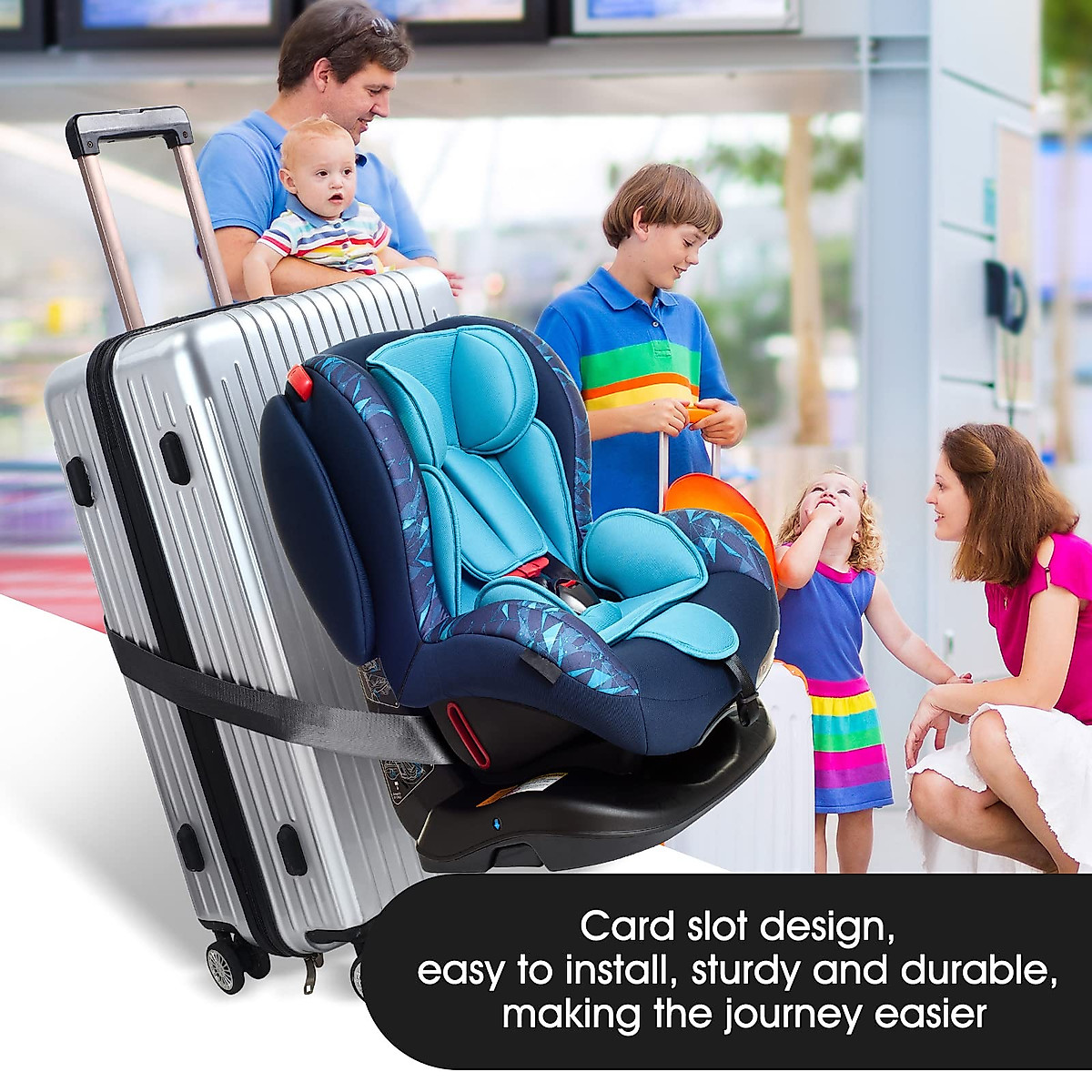 Riakrum 2 Pieces Car Seat Travel Belt, Adjustable Car Seat Travel Strap to Convert Kid Car Seat, Luggage into Airport Car Seat Stroller & Carrier Belt Safe Travel Solution (Black)