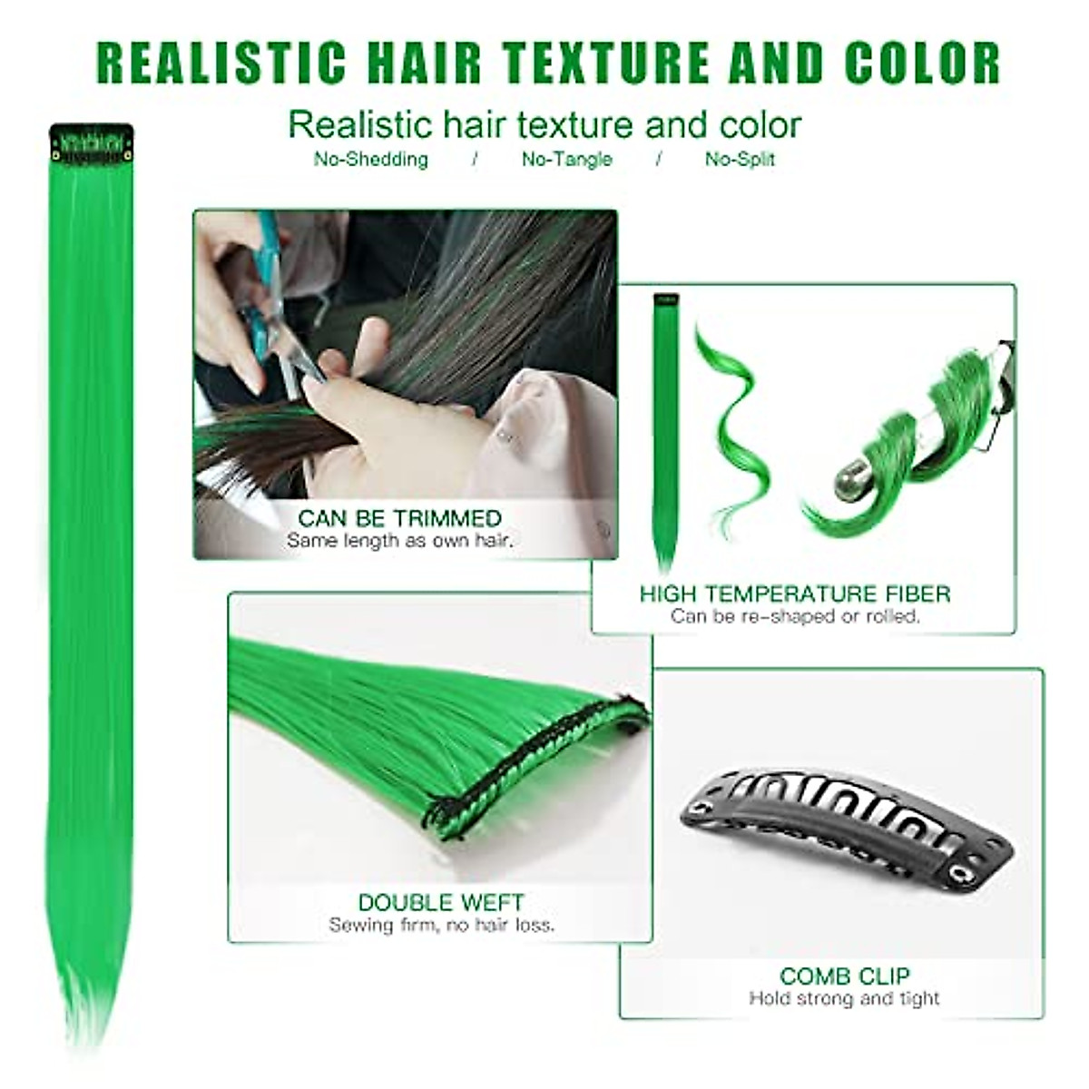 Green Hair Party Highlight Synthetic Hairpiece,12 Pieces Hair Extension for St. Patrick's Day Kids Girls Women 20 Inch
