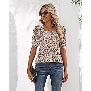 Ficerd Women's Puff Short Sleeve Tunic Tops Pleated Crew Neck Blouses Dressy Casual Loose Spring and Summer T-Shirts (Pink Flower, Medium)