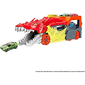 Hot Wheels Toy Car Track Set City Dragon Launch Transporter & 1:64 Scale Car, Stores Up to 5 Vehicles
