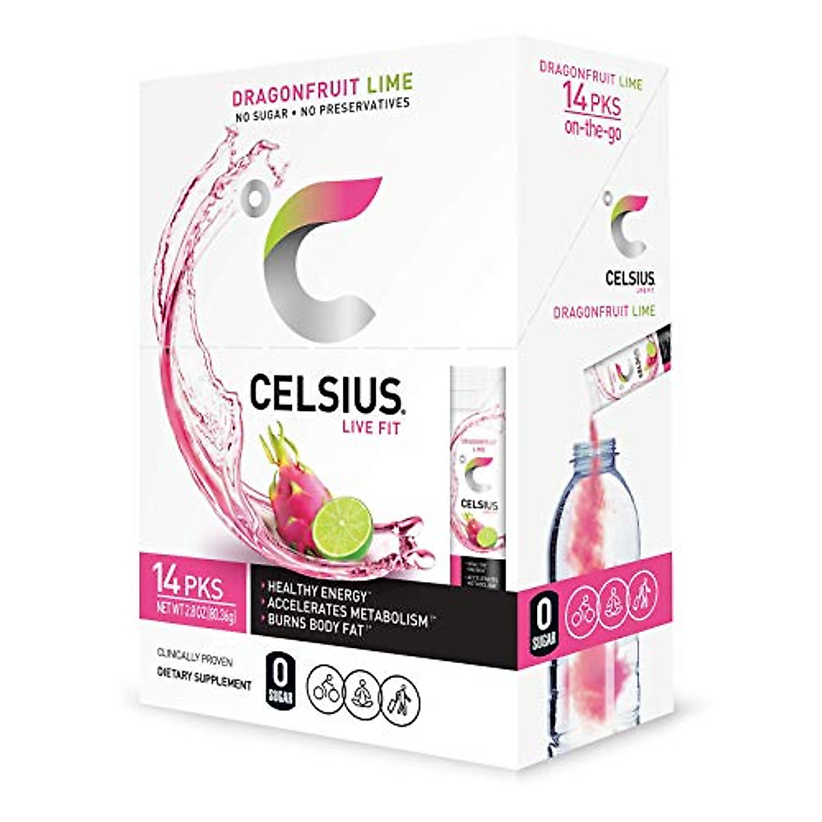 CELSIUS On-the-Go Powder Stick, Combo Pack of Dragonfruit Lime and Cranberry Lemon, 28 Piece Assortment