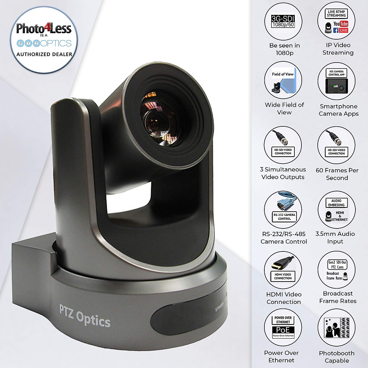 PTZOptics 30X-SDI Live Streaming Broadcast Camera, Gray+ PTZOptics Superjoy IP & Serial PTZ Joystick Controller+ Wall Mount