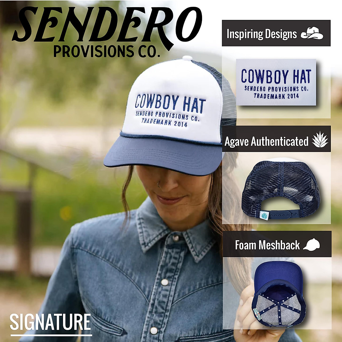 Sendero Provisions Co. Cowboy Hat Embroidered Logo Snapback Trucker Cap One Size (Blue/White)