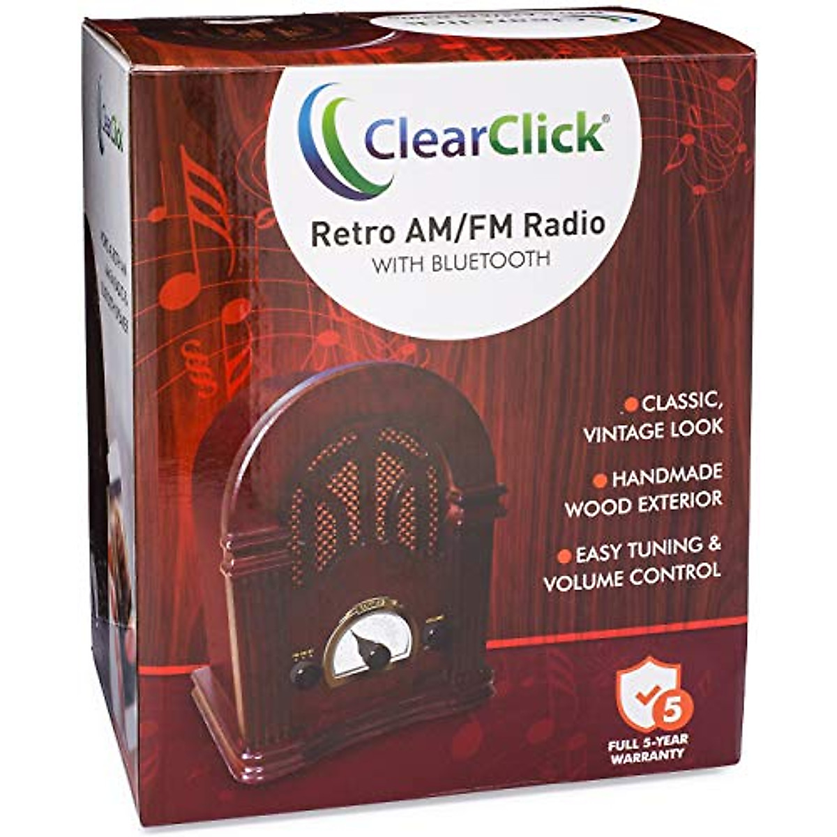 ClearClick Retro AM/FM Radio with Bluetooth - Classic Wooden Vintage Retro Style Speaker