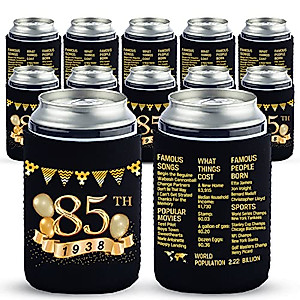85th Birthday Can Cooler Sleeves Pack of 12-85th Anniversary Decorations- 1938 Sign - 85th Birthday Party Supplies - Black and Gold 85th Birthday Cup Coolers
