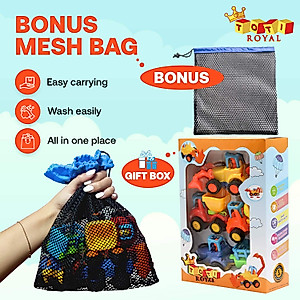 friction Powered Cars Push and Go Construction Vehicles Toy Set of 4 Cartoon Bulldozer, Tractor, Cement Mixer, Dump Truck - w/Bonus Mesh Bag Toddler/Baby-Friendly for Boys and Girls Ages 1-5 Kids Gift