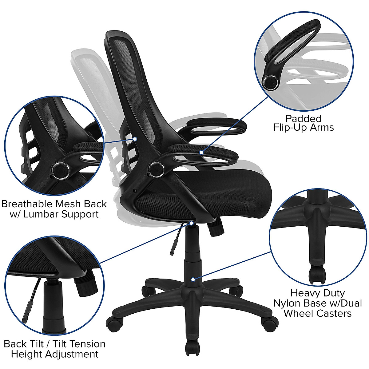 Flash Furniture High Back Black Mesh Ergonomic Swivel Office Chair with Black Frame and Flip-up Arms