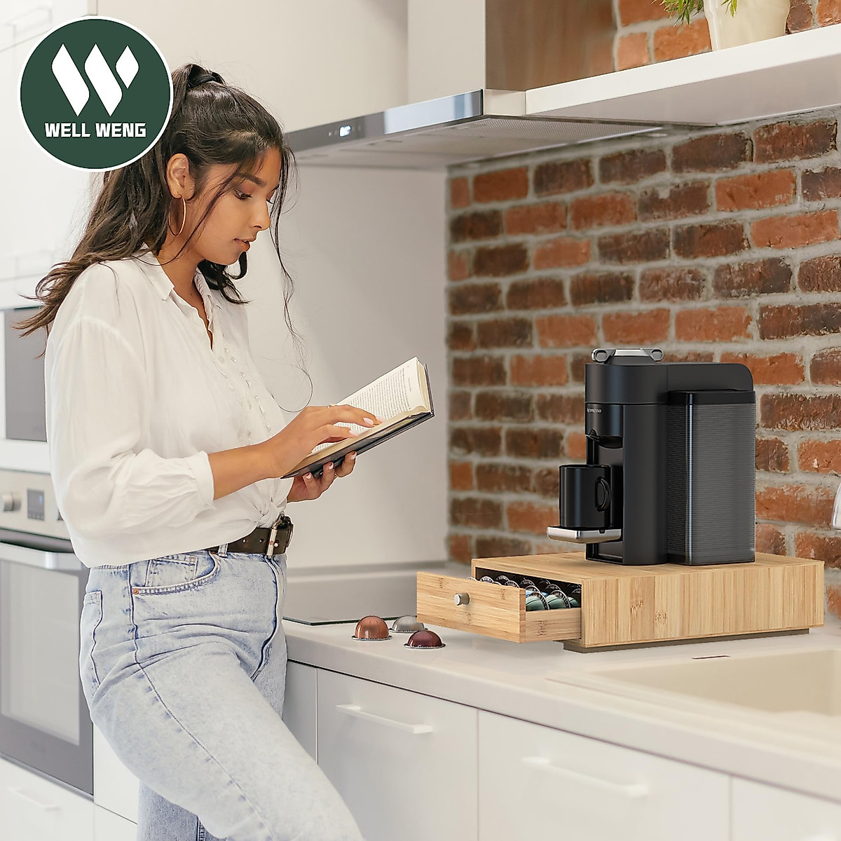 WELL WENG for Nespresso Vertuo Capsules (NV140) - Premium Bamboo Coffee Pod Drawer, 40 Big or 52 Small Vertuoline Pods Organizer Holder - 15.6'' Deep by 3.9'' High (Natural)