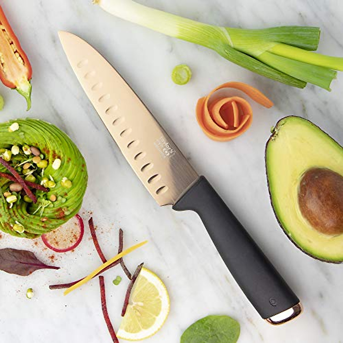 Taylors Eye Witness Juno Rose Gold Santoku Knife - 17cm/6.5 inch Multi-Use Cutting Edge. Precision Taper Ground, Titanium Coated Granton Blade. Strong, Over Moulded Handle. 5 Year Guarantee