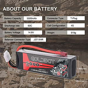 GOLDBAT 4S 5000mAh 14.8V 50C LiPo RC Battery with Deans Plug and Tracxas Connector Softcase for RC Evader BX Car RC Truck RC Truggy RC Heli Airplane Drone FPV Racing