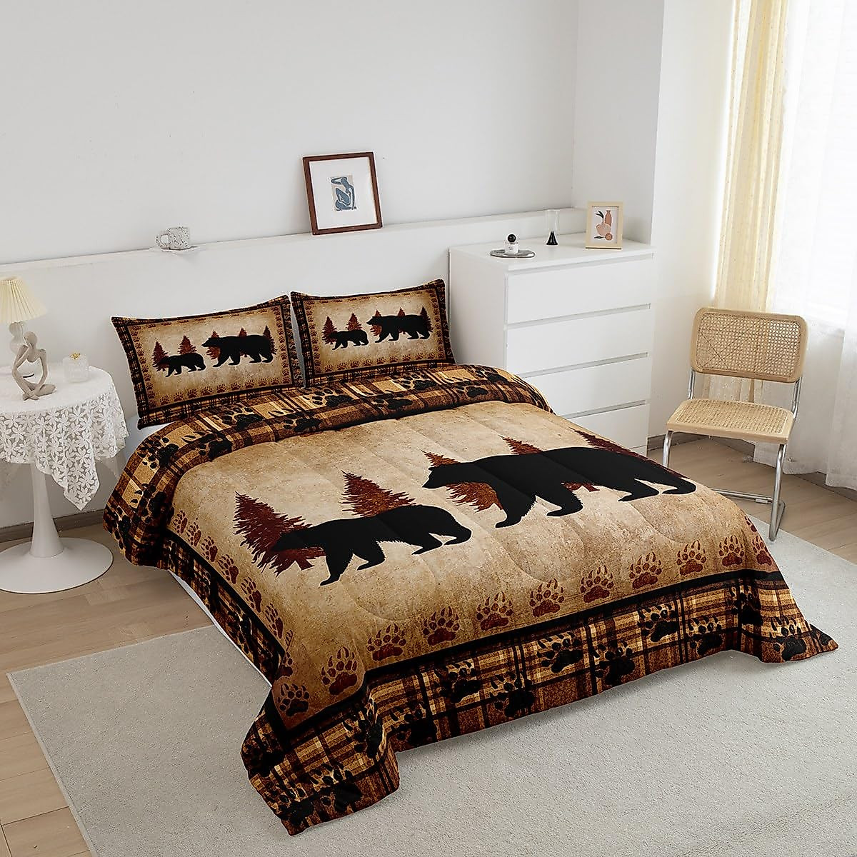Feelyou Kids Bear Comforter Set Rustic Cabin Country Bedding Set Twin Size for Boys Girls Teens Rust Bear Comforter Wild Animal Brown Duvet Set with 1 Pillow Case