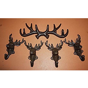 Southern Metal Wall Mounted Deer Head Antler Coat Hat Rack Wall Hooks, Solid Cast Iron Bundle of 5