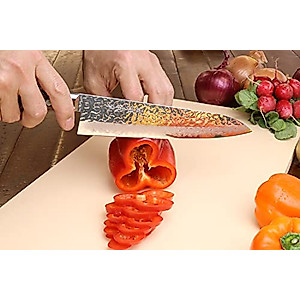 Yoshihiro VG-10 16 Layer Hammered Damascus Stainless Steel Gyuto 8.25'' (210mm) Japanese Chefs Knife & Paring Utility Knife 3.2'' (80mm) SET