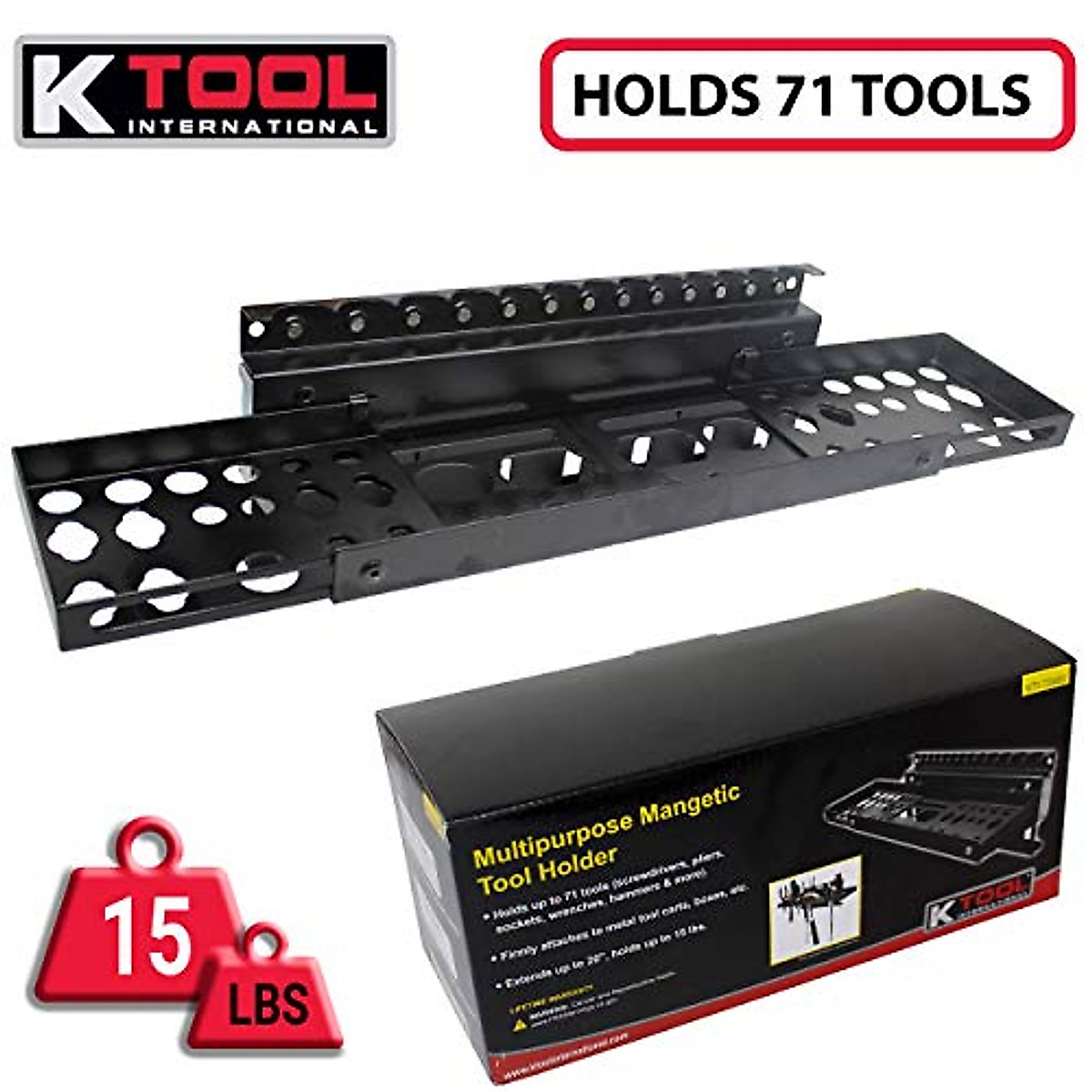 K Tool International 72465 MagClip Multi-Function Adjustable Tool Holder for Garages, Repair Shops, and DIY, 20"L x 4.75"W x 5"D, Stores up to 71 Tools, 15 lbs. Capacity, Alloy Steel, Black