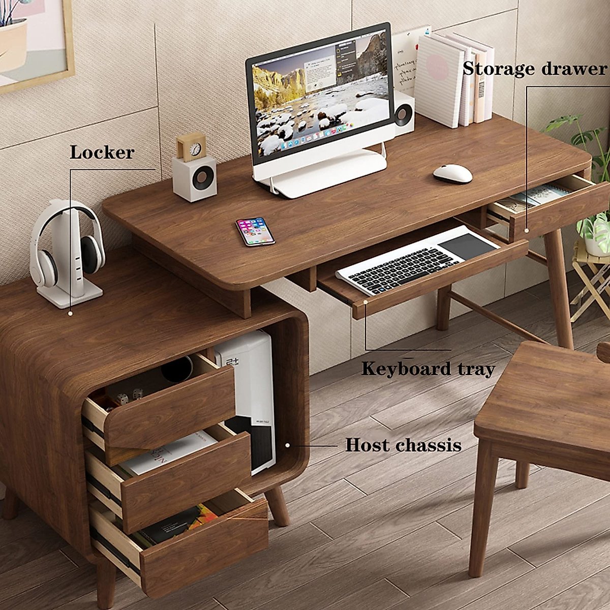 TOMYEUS Study Computer Desk Stable Wooden Desktop PC Desk with Lockers, Drawers and Keyboard Tray Modern Home Working Study Table Scalable Study Room Workstation Home Office Writing Desk