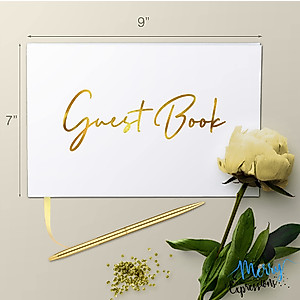 White & Gold Wedding Guest Book w/ Pen & Table Sign - Guestbook Sign in for Reception, Birthday Parties, Bridal or Baby Shower - Gilded Pages, Size 7"x9" inches - Blank Left Page for Polaroids