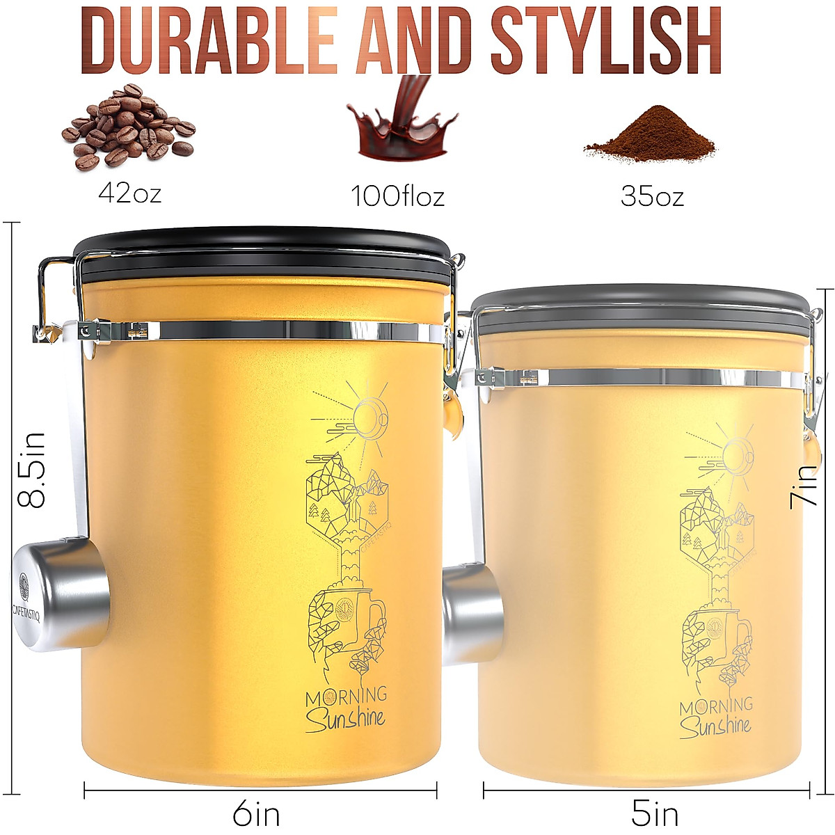 CafetastiQ 38oz / 22oz Coffee Canister – Airtight Stainless Steel Storage Container with Date Tracker & Scoop, Sealed Jar for Grounds, Beans, Tea, Flour, Cereal, and Sugar (Yellow Morning, 38OZ)